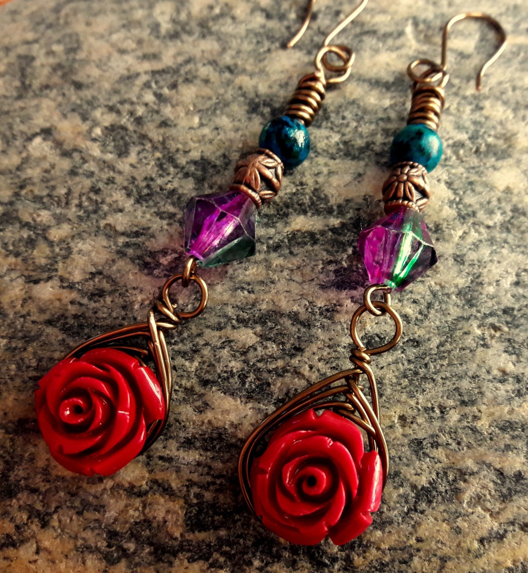 Red Roses Blue Jasper Herringbone Earrings Rose Earrings - Etsy