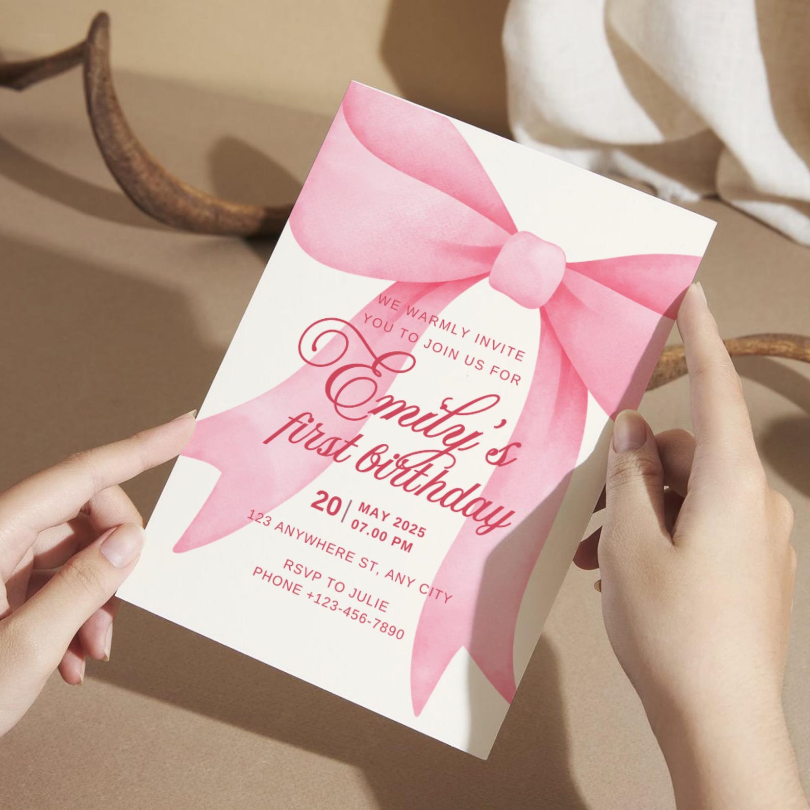 Printable Bow Invitation, Pink Bow Invitation Evite, Pink Coquette Bow ...