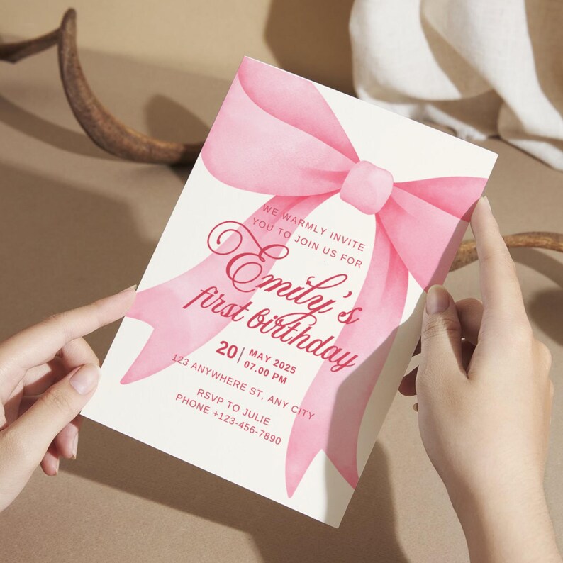 Printable Bow Invitation, Pink Bow Invitation Evite, Pink Coquette Bow ...