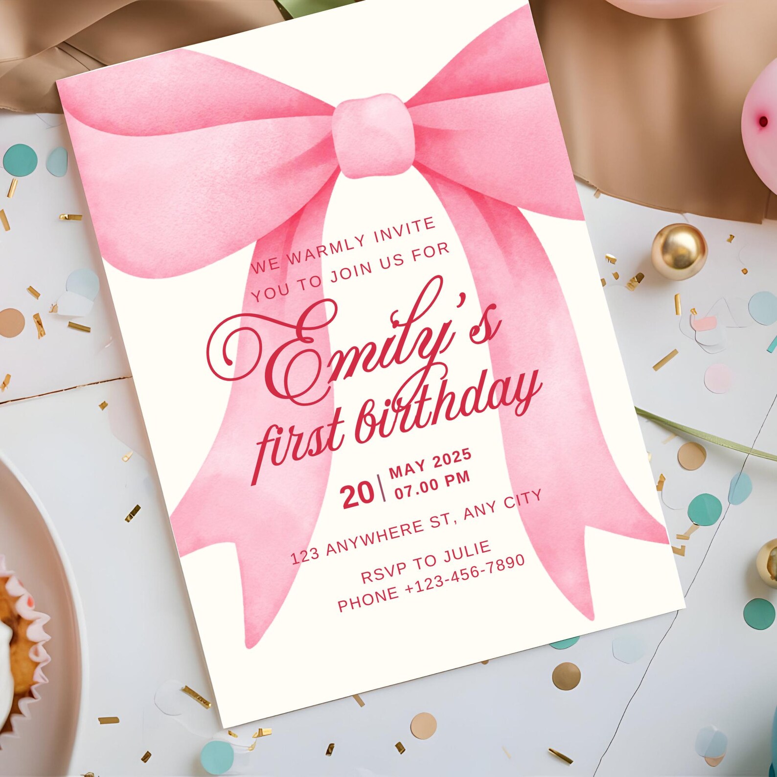 Printable Bow Invitation, Pink Bow Invitation Evite, Pink Coquette Bow ...
