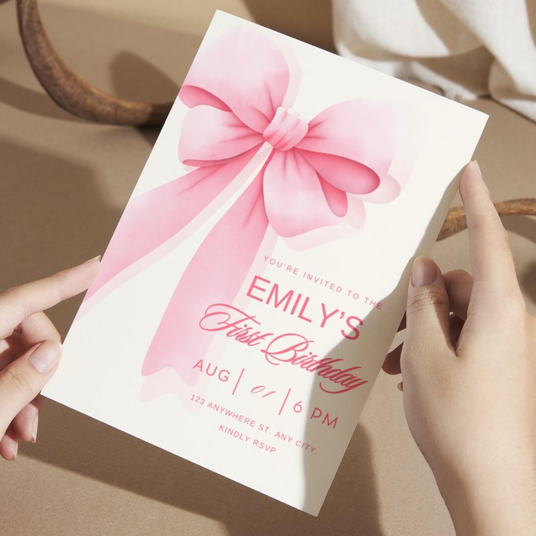 Printable Bow Invitation, Pink Bow Invitation Evite, Pink Coquette Bow ...