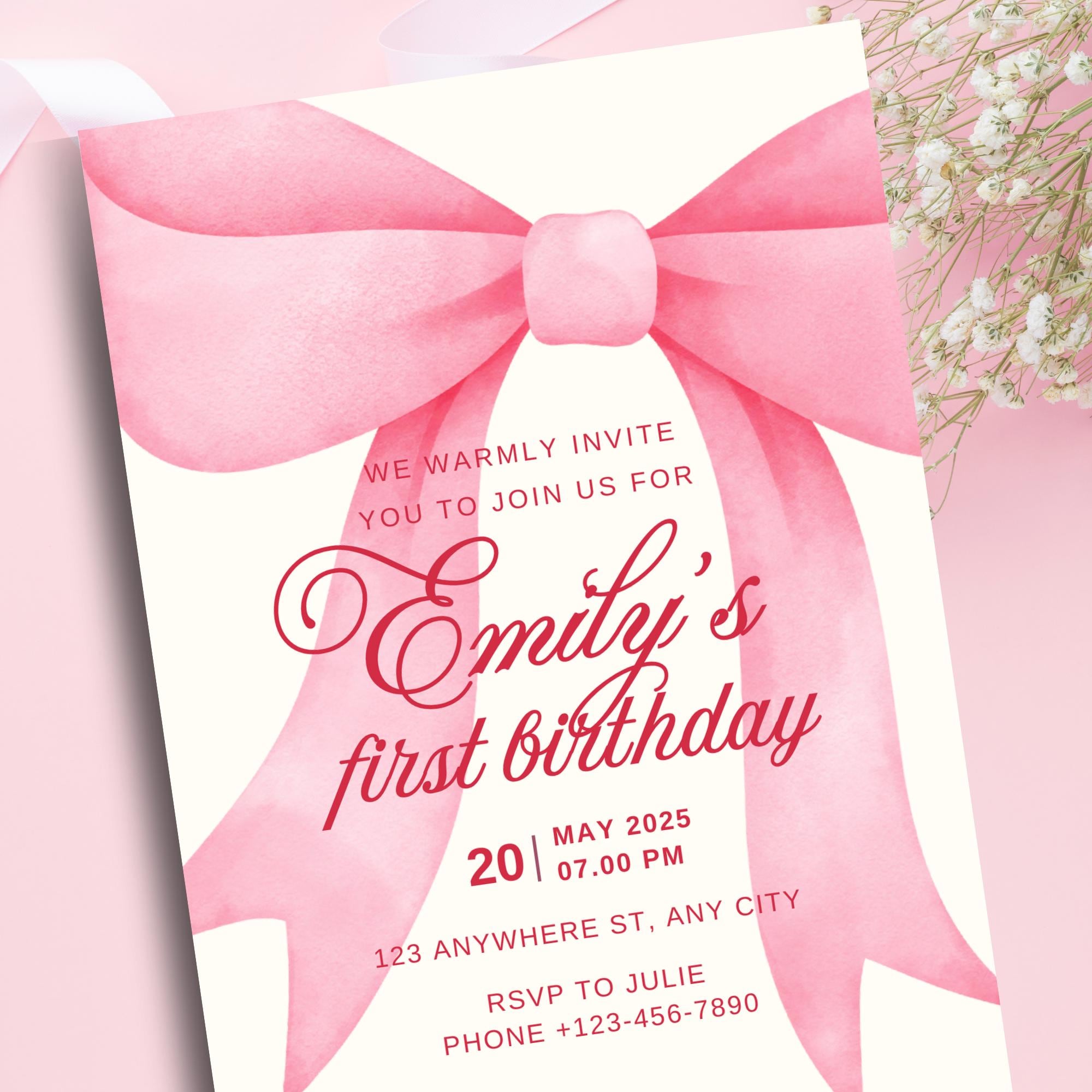 Printable Bow Invitation, Pink Bow Invitation Evite, Pink Coquette Bow ...