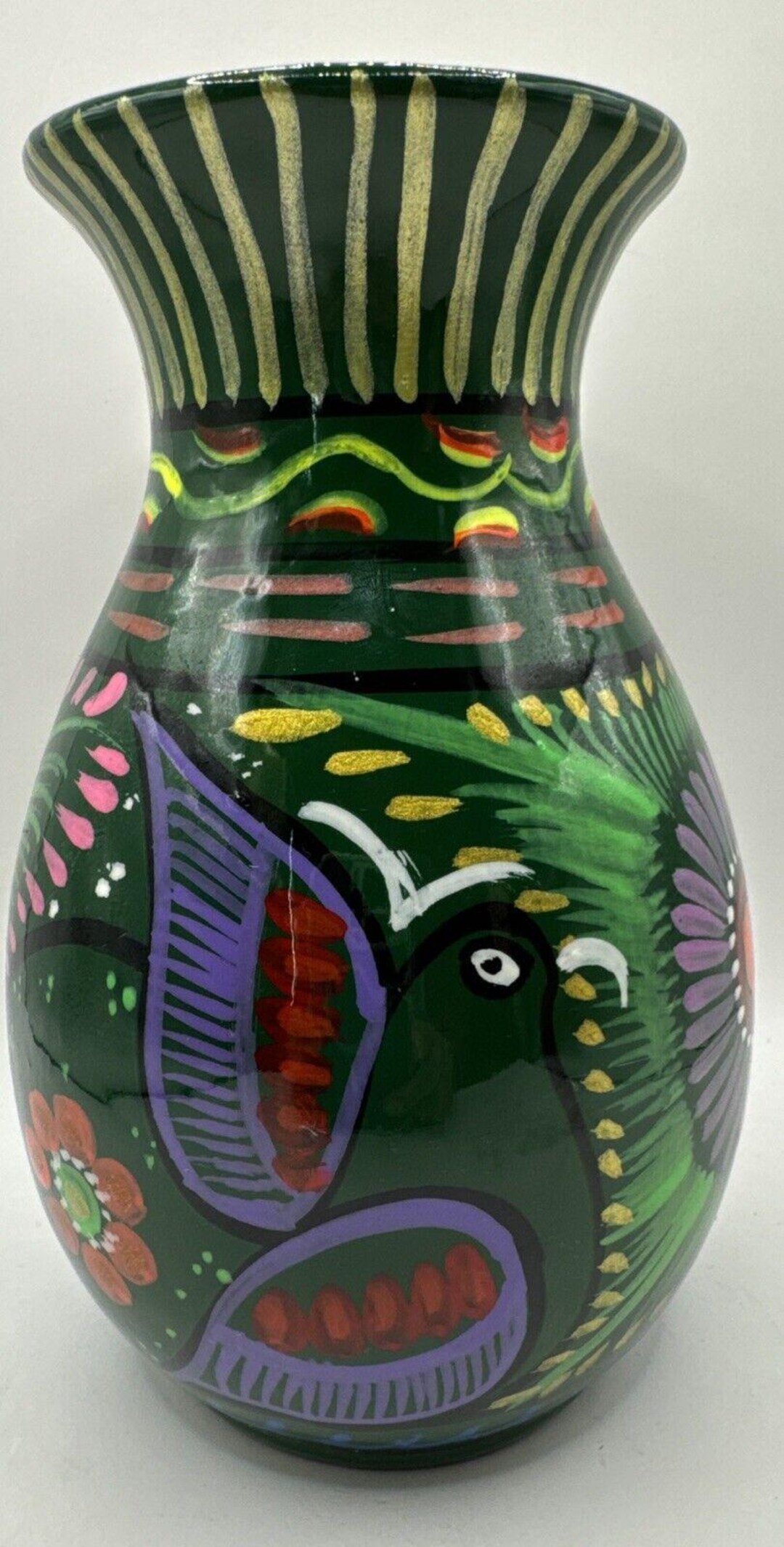 Vtg Mexico Folk Art Colorful Hand Painted Red Clay Pottery Vase Birds ...