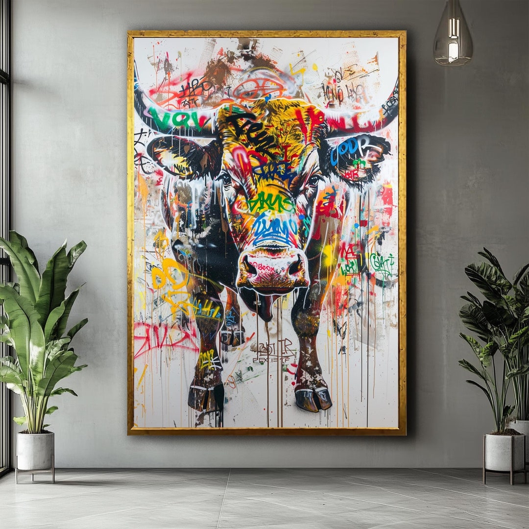Graffiti Abstract Bull Painting on Canvas, Western Rodeo Decor, Wall ...