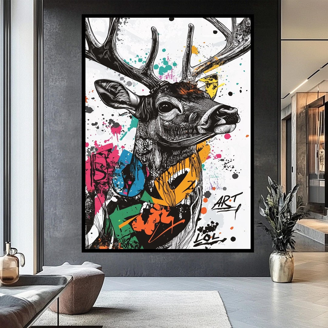 Modern Deer Canvas Art: Bold Graffiti Stag Wall Decor - Etsy
