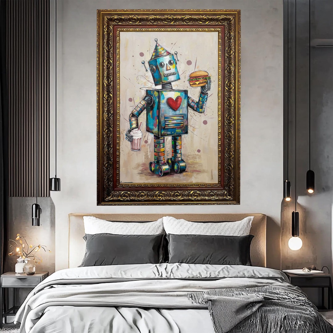 Framed Retro Robot Art: Burger, Milkshake, Quirky Home Decor - Etsy