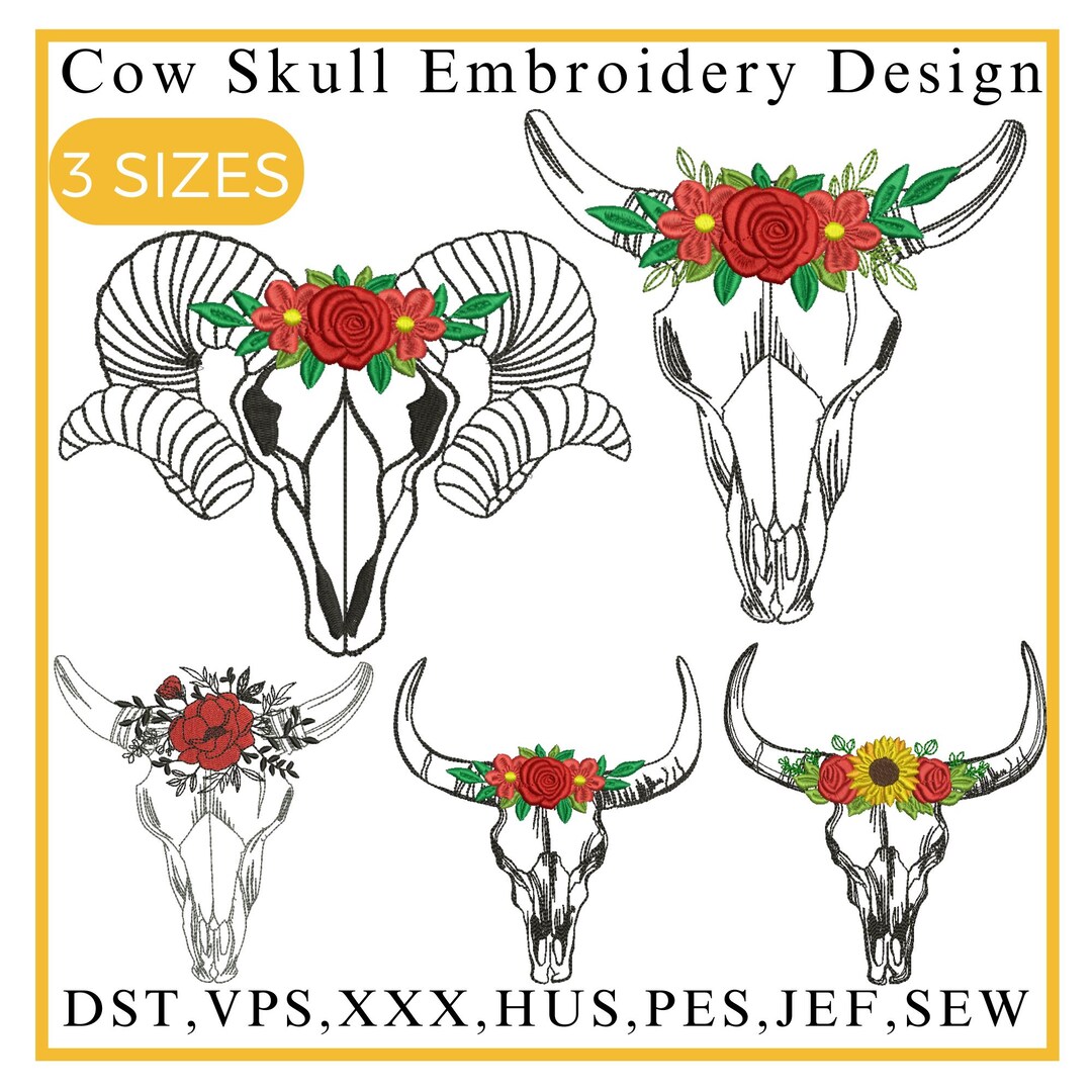 Cow Skull Embroidery Design, Longhorn Cow Skull Embroidery, Floral Cow ...