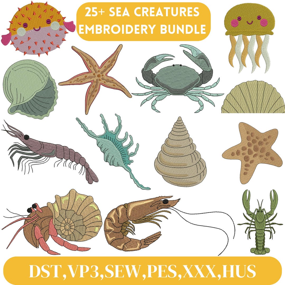 Sea Creature Embroidery Design, Under the Sea Embroidery, Ocean ...