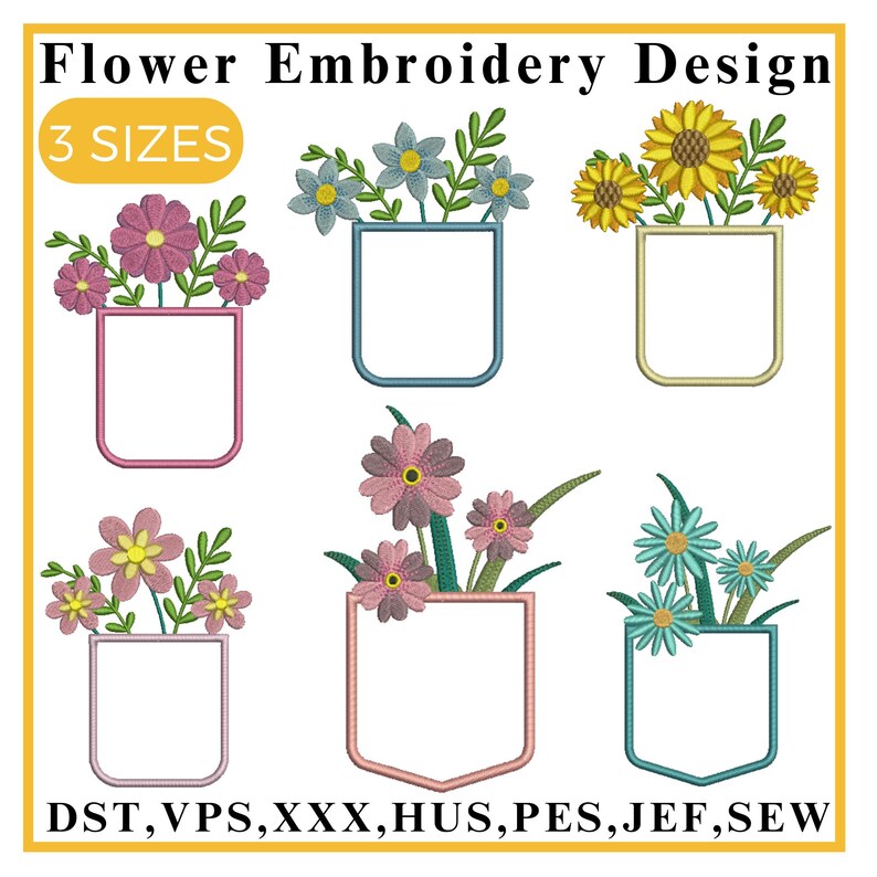Flower Embroidery Design, Flower in Pockets Embroidery, Flower Applique ...