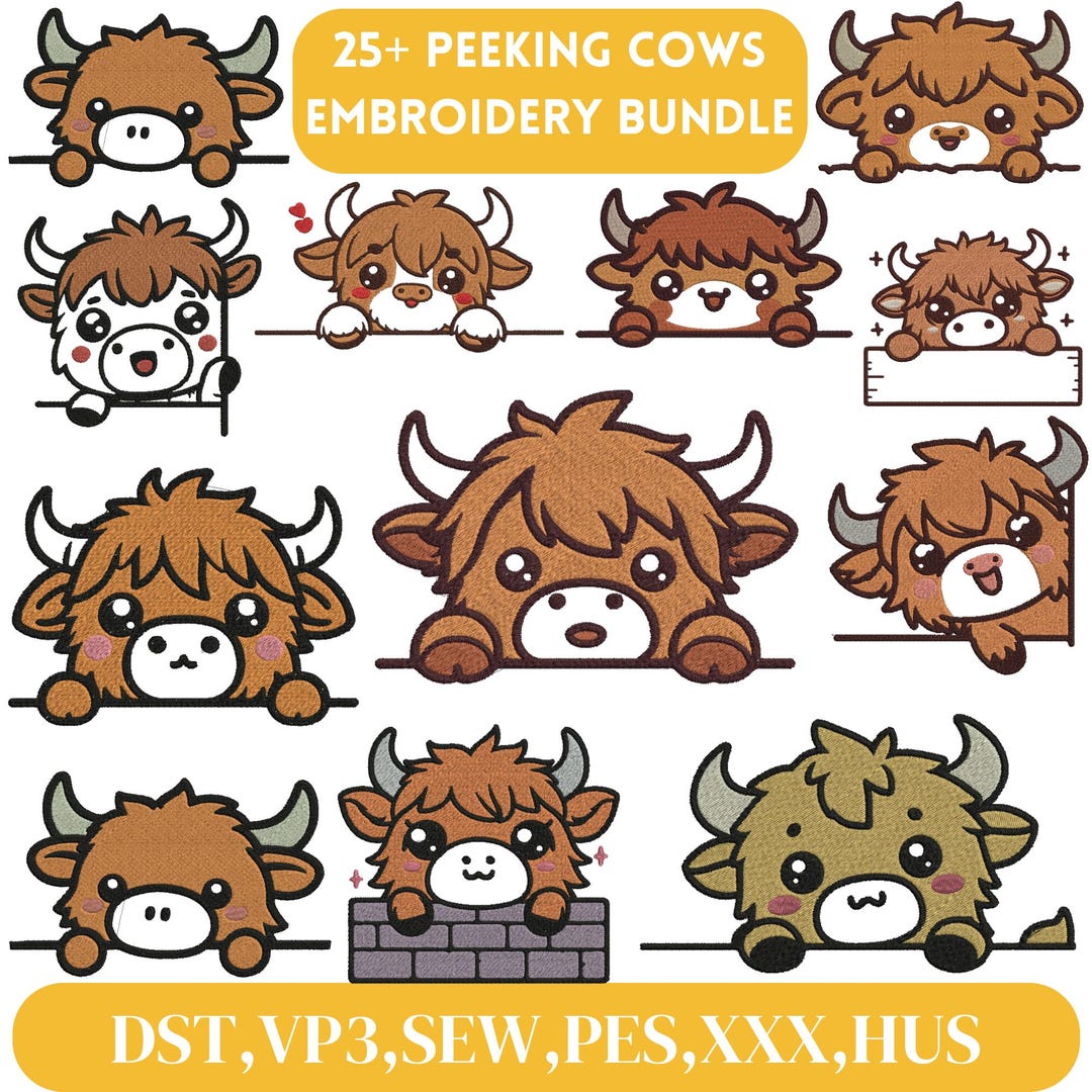 Cute Highland Cow Embroidery Bundle, Peeking Highland Cow Embroidery ...