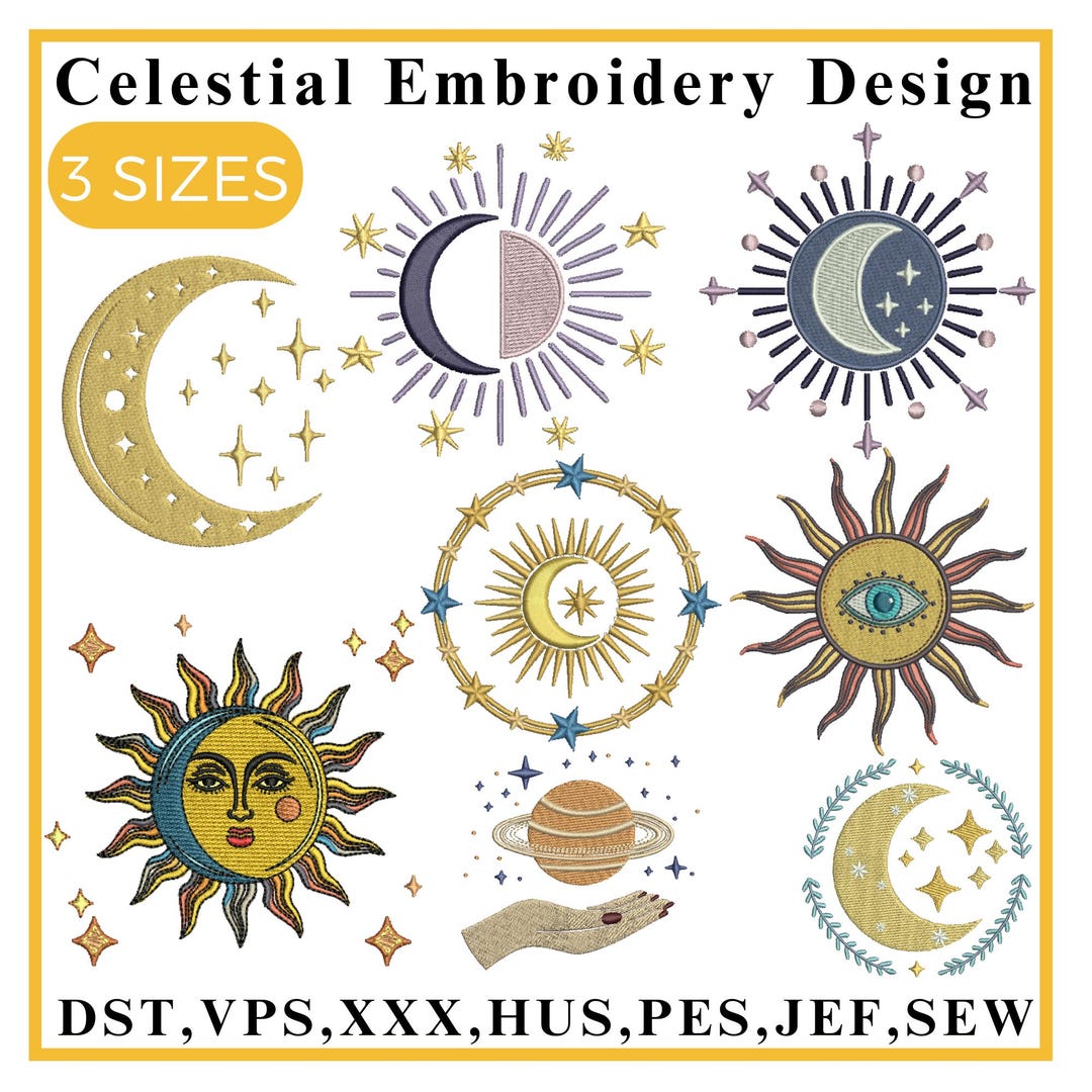 Celestial Embroidery Design, Sun and Moon Embroidery, Stars Embroidery ...