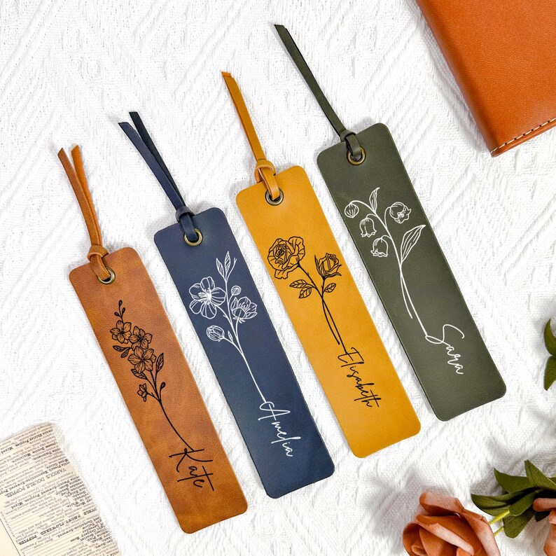 Leather Bookmark,personalized Birth Month Flower Bookmark,gifts for ...