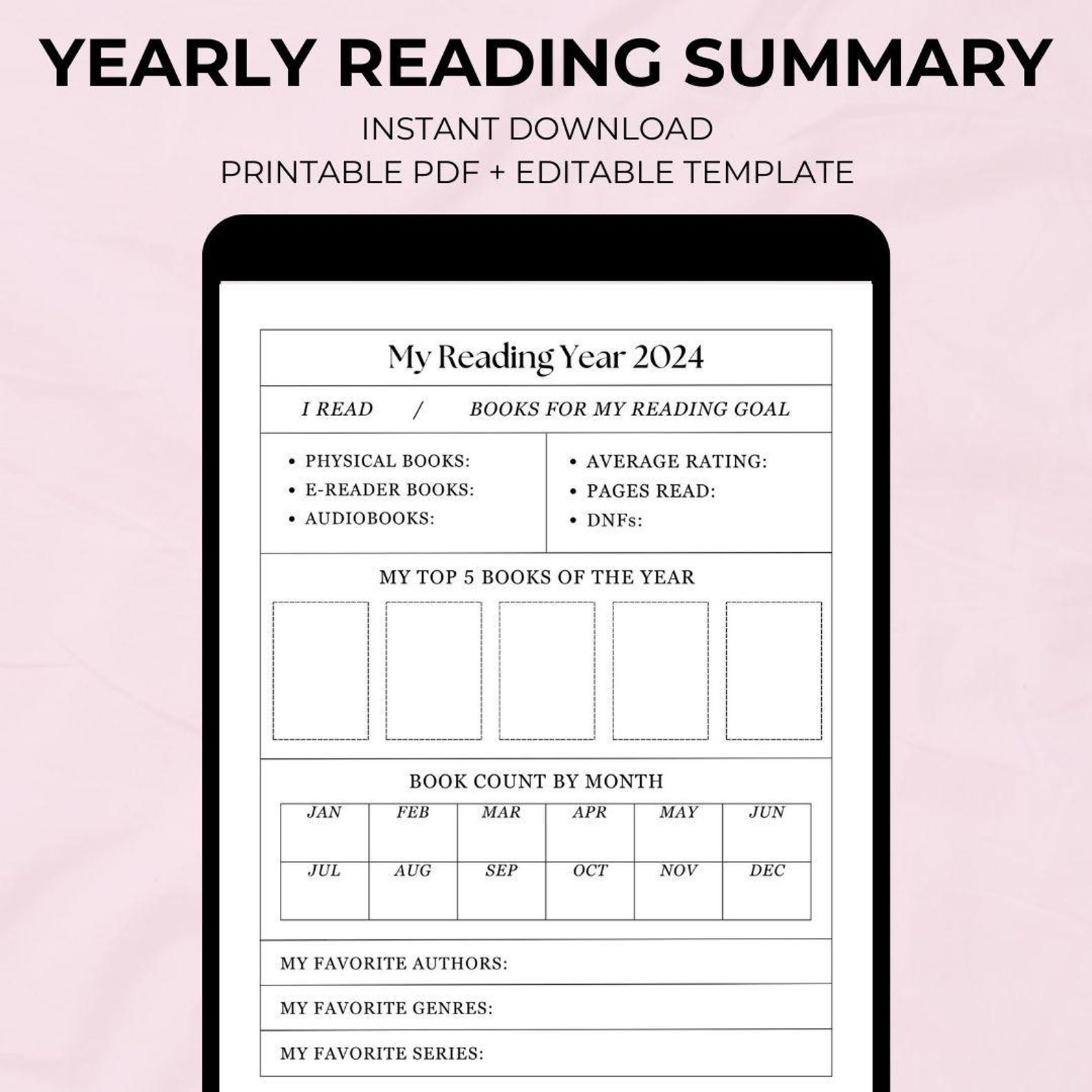 Yearly Reading Summary | Instant Download | Printable PDF & Editable ...
