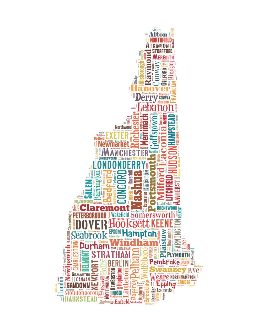 New Hampshire Map Typography Poster Print Color - Etsy