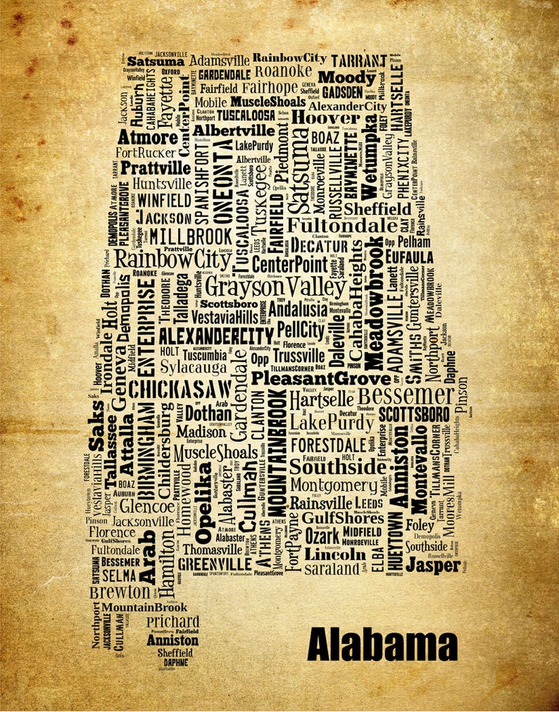 Alabama State Map Alabama City Cities Typography Grunge Map - Etsy