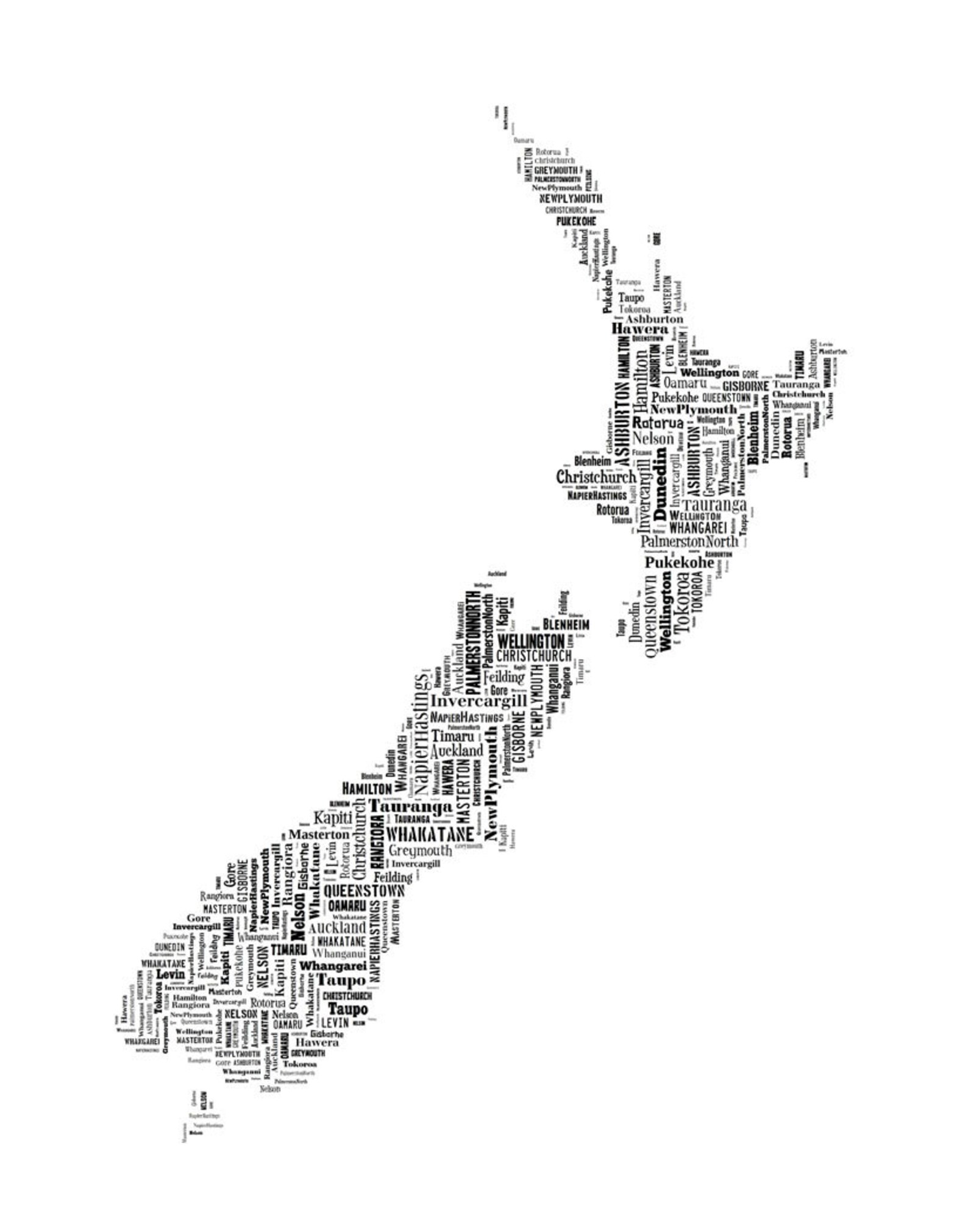 New Zealand Map Typography Map Poster Print Text Map - Etsy