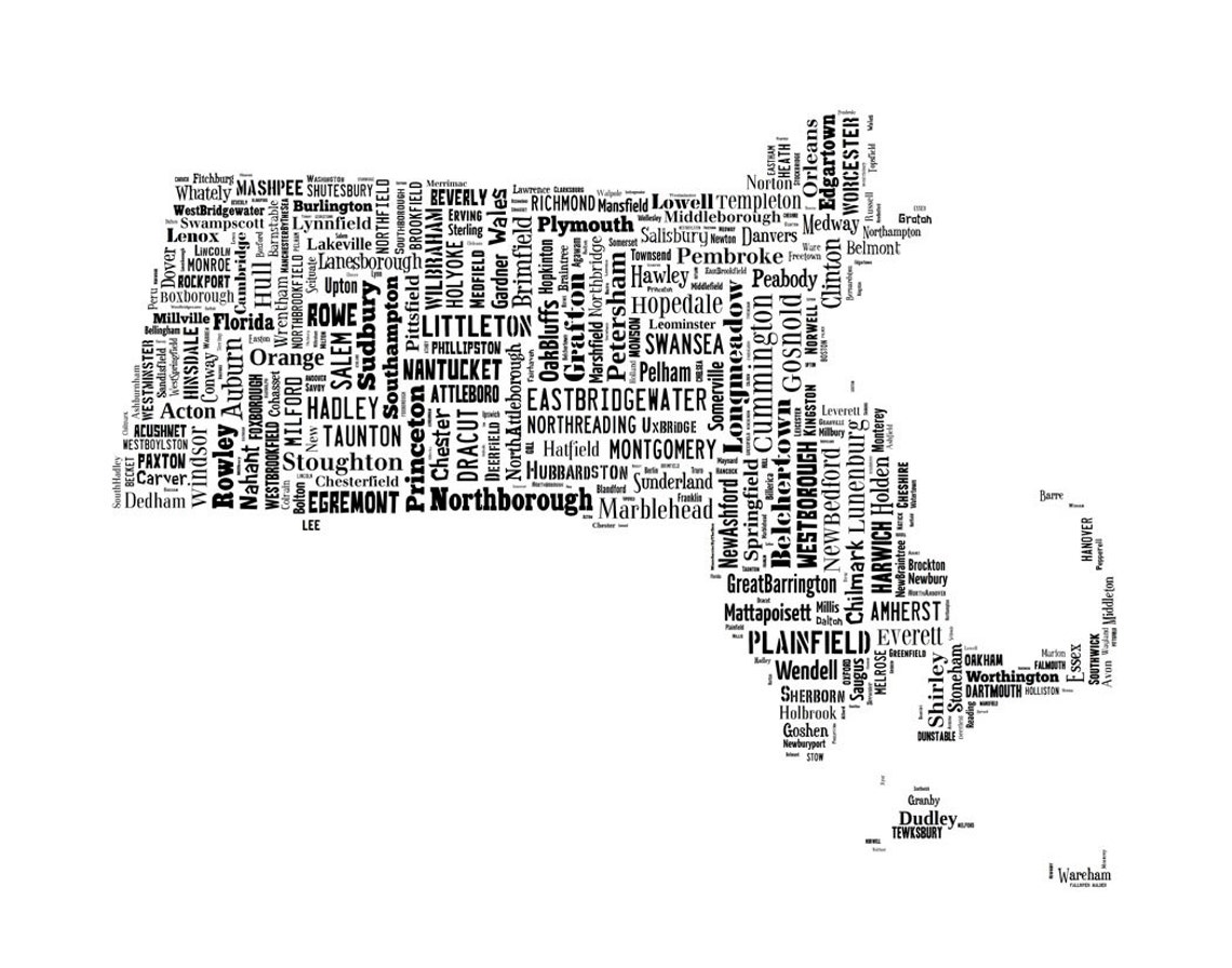 Massachusetts State Map Typography Map Poster Print Text Map - Etsy