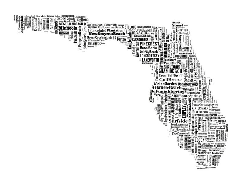 Florida Typography Map Poster Print Tyographical Map - Etsy
