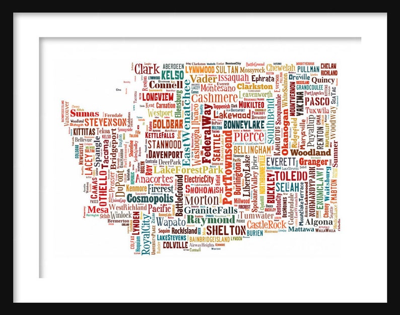 Washington State Map Typography Color Map Typographical Map - Etsy
