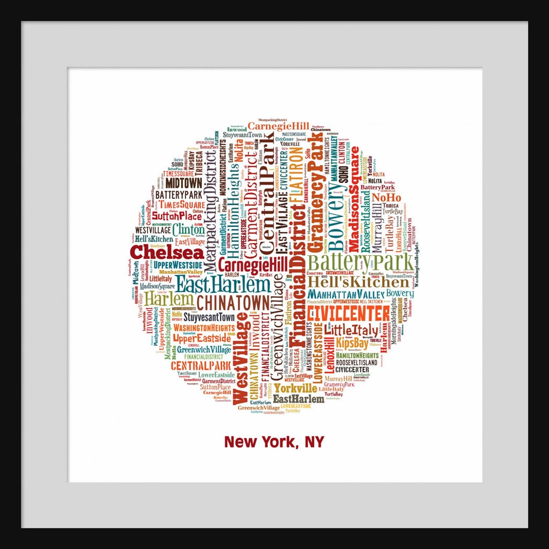Manhattan Map Typography Neighborhoods of Manhattan Poster Circle Print ...