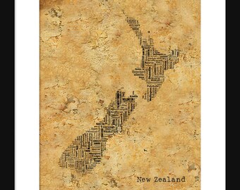 New Zealand Map Typography Map Poster Print Text Map - Etsy