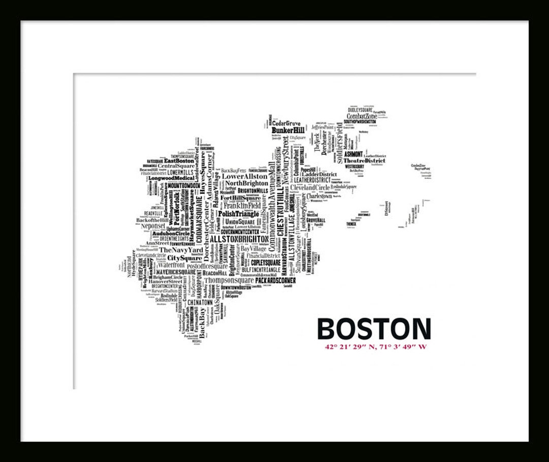 Boston Map Typography Latitude Longitude Map Poster Print - Etsy