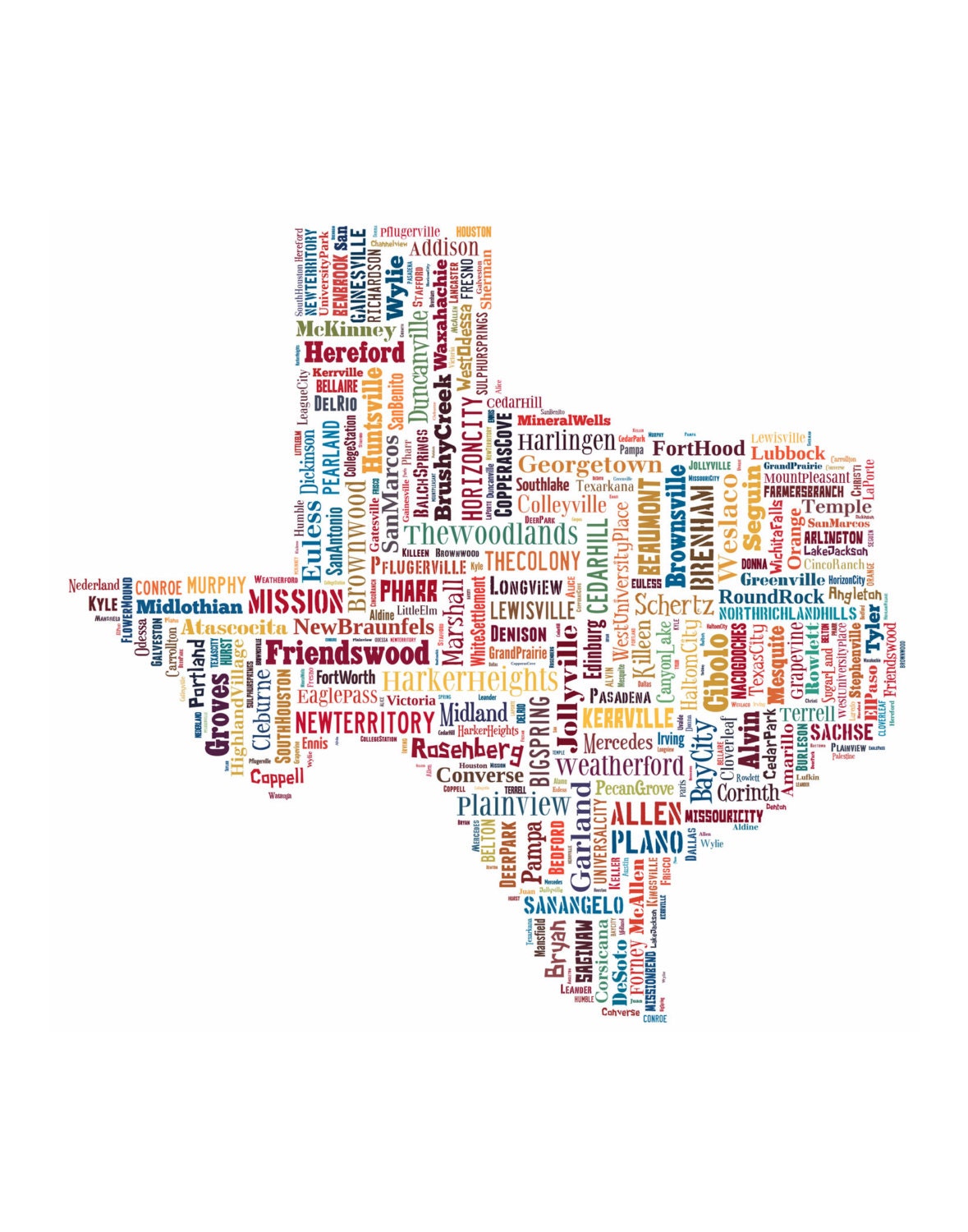 Texas State Map Typography Color Map Poster Print Text Map - Etsy