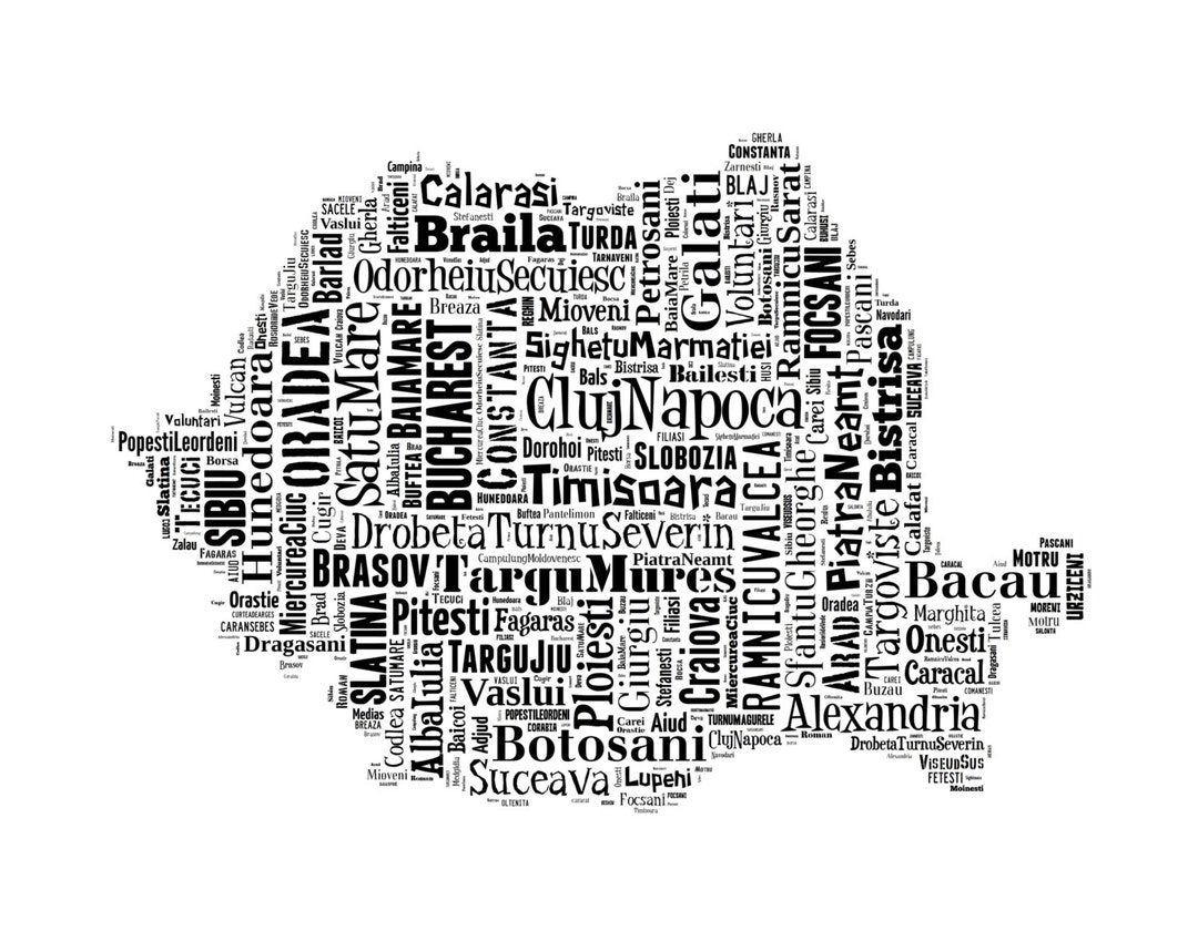 Romania Map Typography Map Poster Print Text Map - Etsy