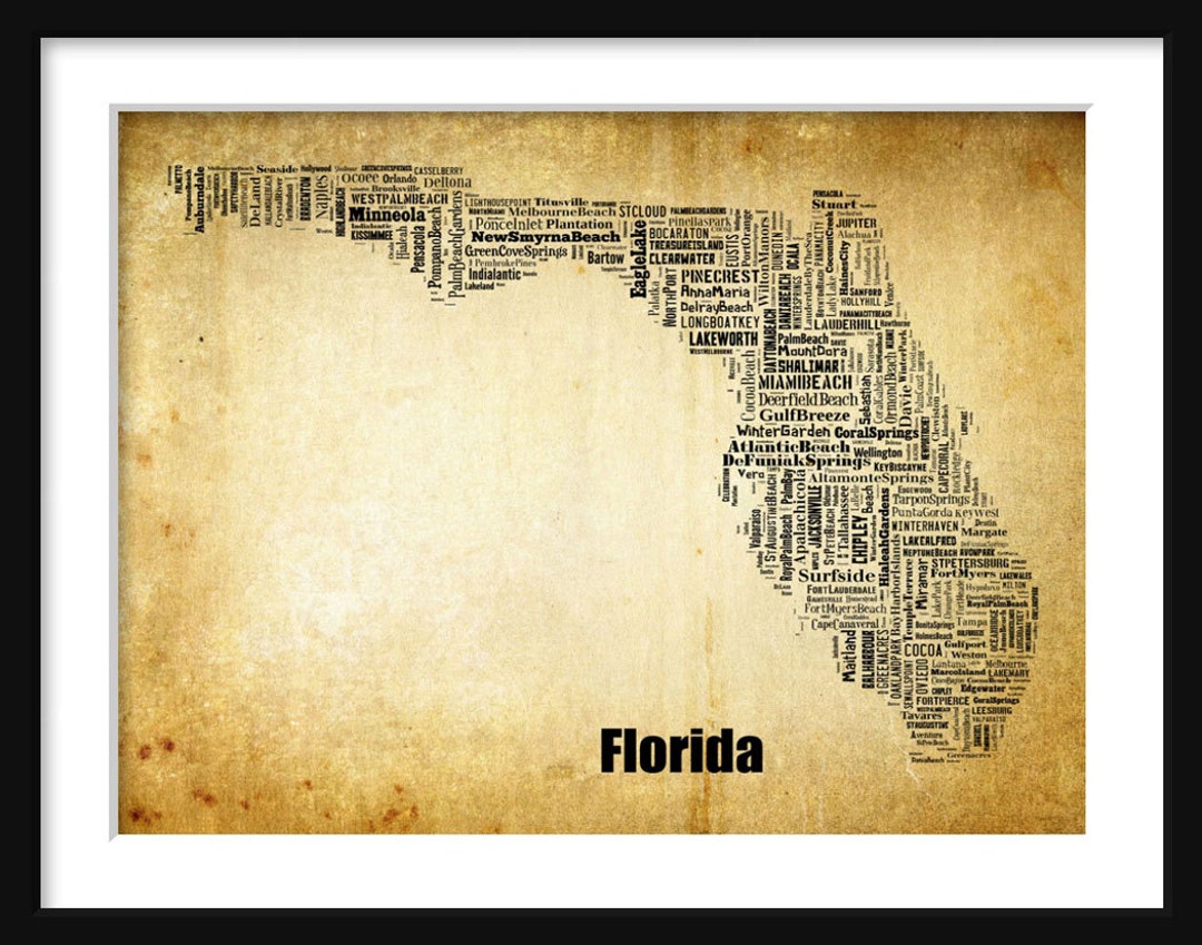 Florida State Map City Cities Typography Grunge Map Poster Print ...