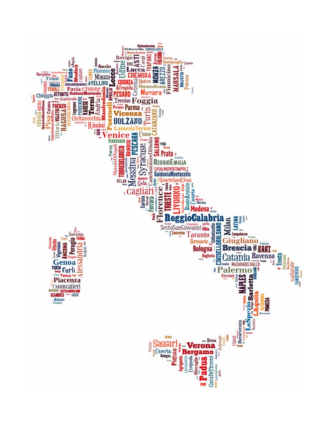 Italy Map Typography Map Poster Print Text Map Tyographical Map - Etsy