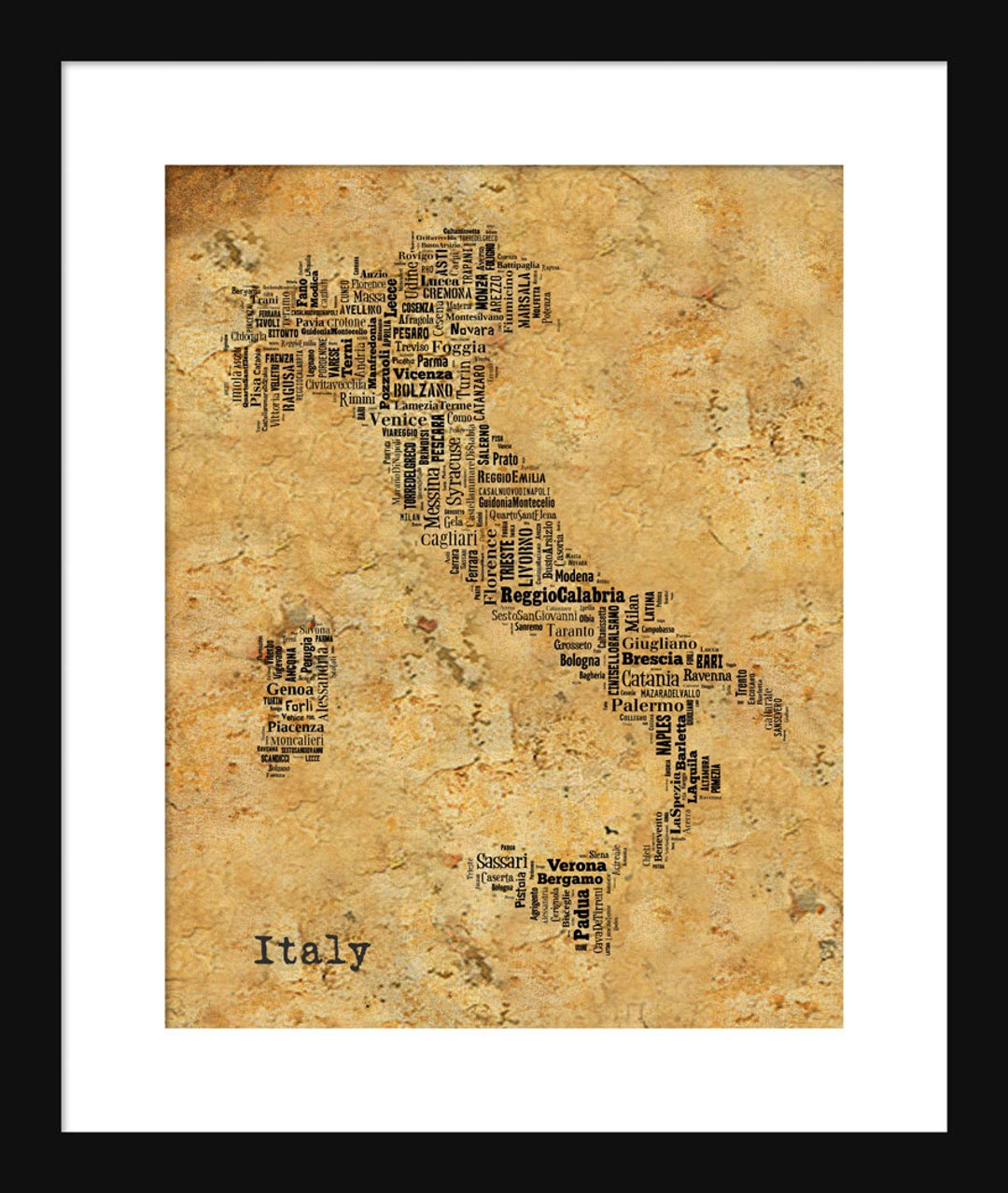 Italy Map Typography Grunge Sepia Map Poster Print Text Map - Etsy