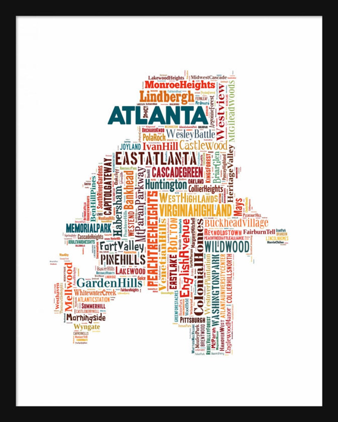 Atlanta Map Multi Color Typography Map Poster Print 2 - Etsy