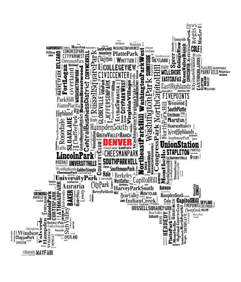 Denver Map Typography Map Poster Print | Etsy