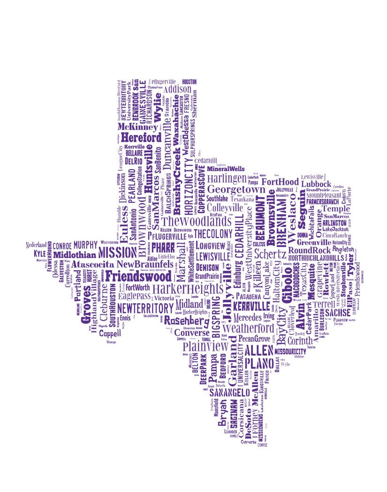 Texas Typography Map Poster Print - Etsy