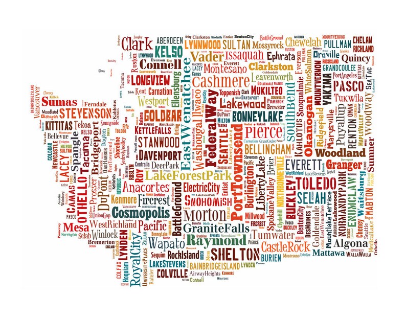 Washington State Map Typography Color Map Typographical Map - Etsy