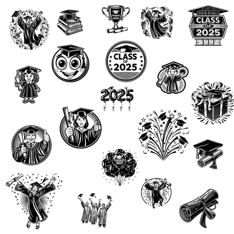 Chic Graduation Clipart Bundle in Linocut Style - Class of 2025 ...