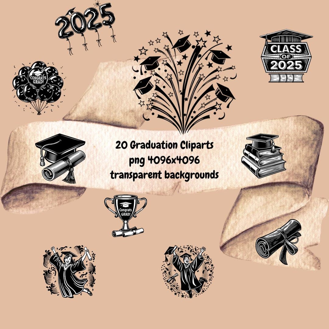 Chic Graduation Clipart Bundle in Linocut Style - Class of 2025 ...