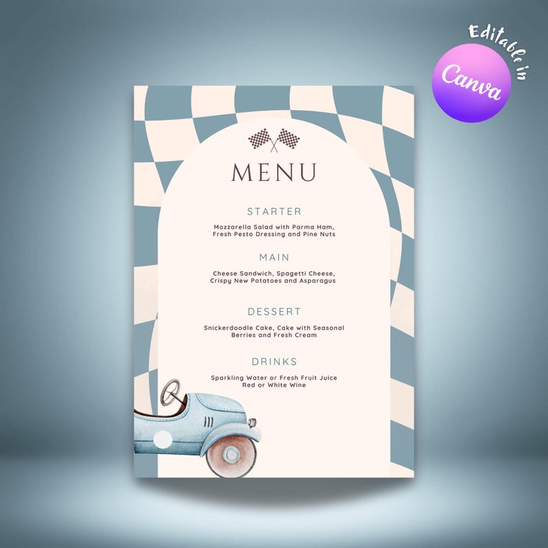 Race Car Party Menu | Editable Canva Template | Printable Racing Theme ...
