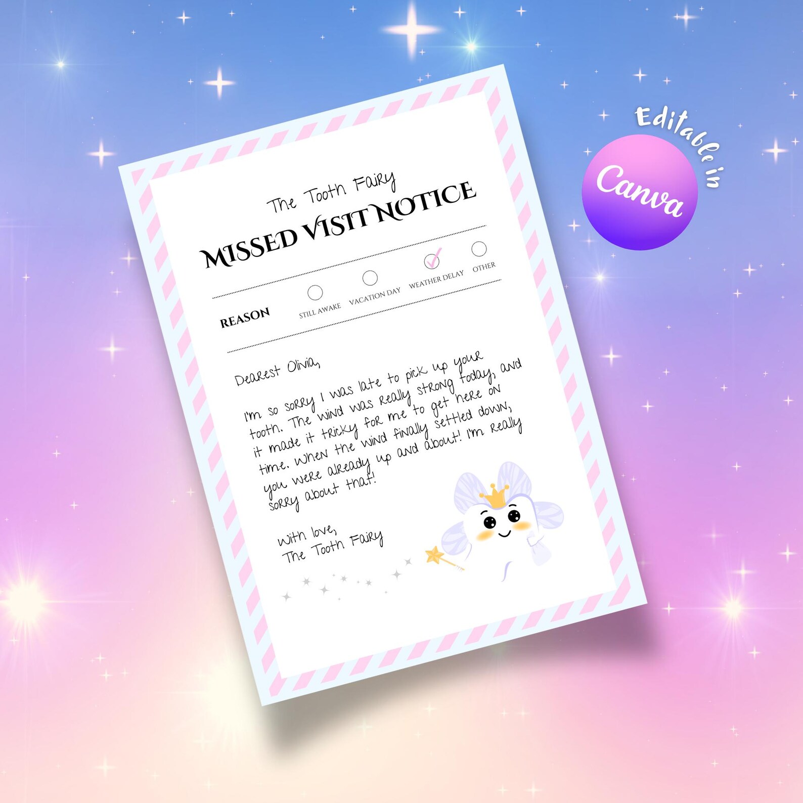 Printable Tooth Fairy Apology Letter | Editable Sorry I'm Late Note ...