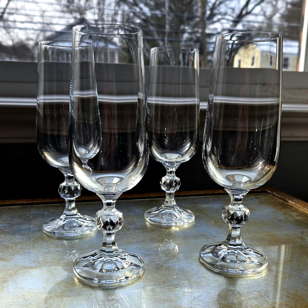 Vintage Set 4 Crystal Glass Stemware, Mid-century Champagne Flutes ...