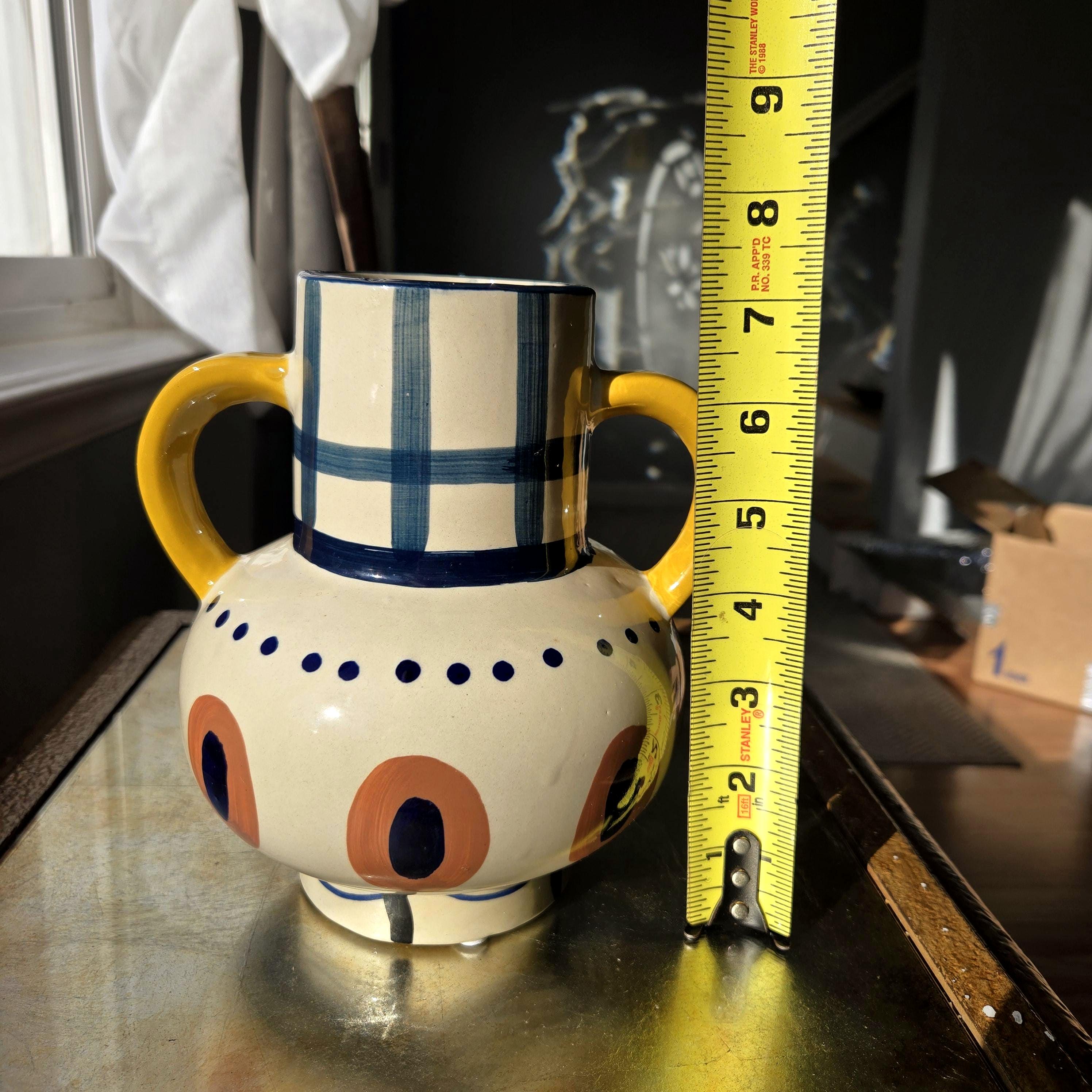 Handpainted Ceramic Vase With Bold Geometric Patterns, Artisan Round ...