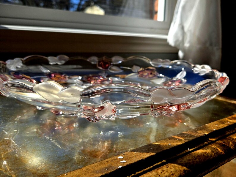Large Vintage Crystal Plate Frosted Pink Rose Embossed Glass Platter ...