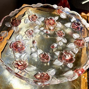 Large Vintage Crystal Plate Frosted Pink Rose Embossed Glass Platter ...