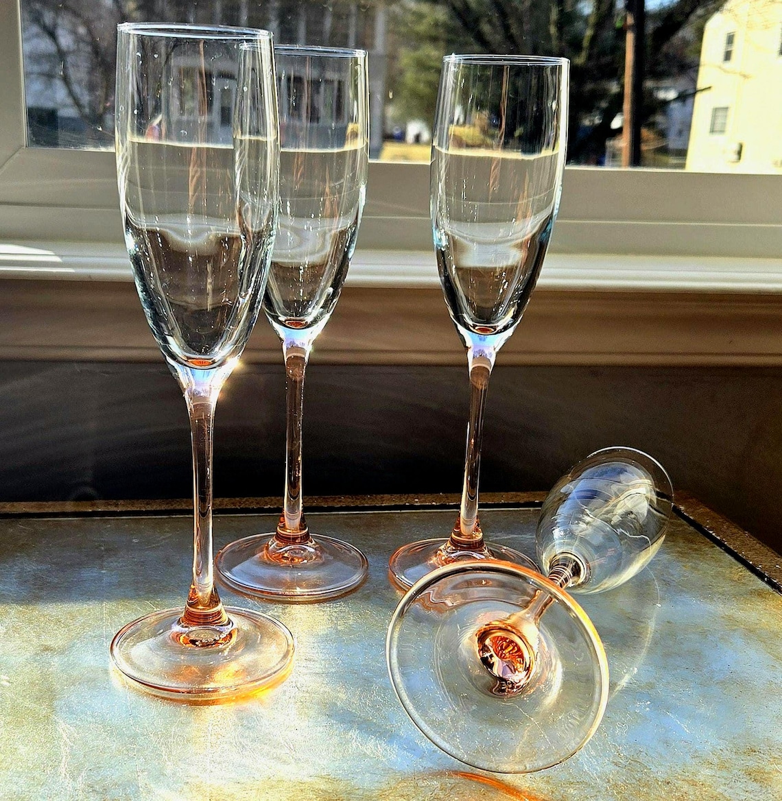 Vintage Set of 4 Rose Gold Champagne Flutes, Elegant Tall Narrow ...
