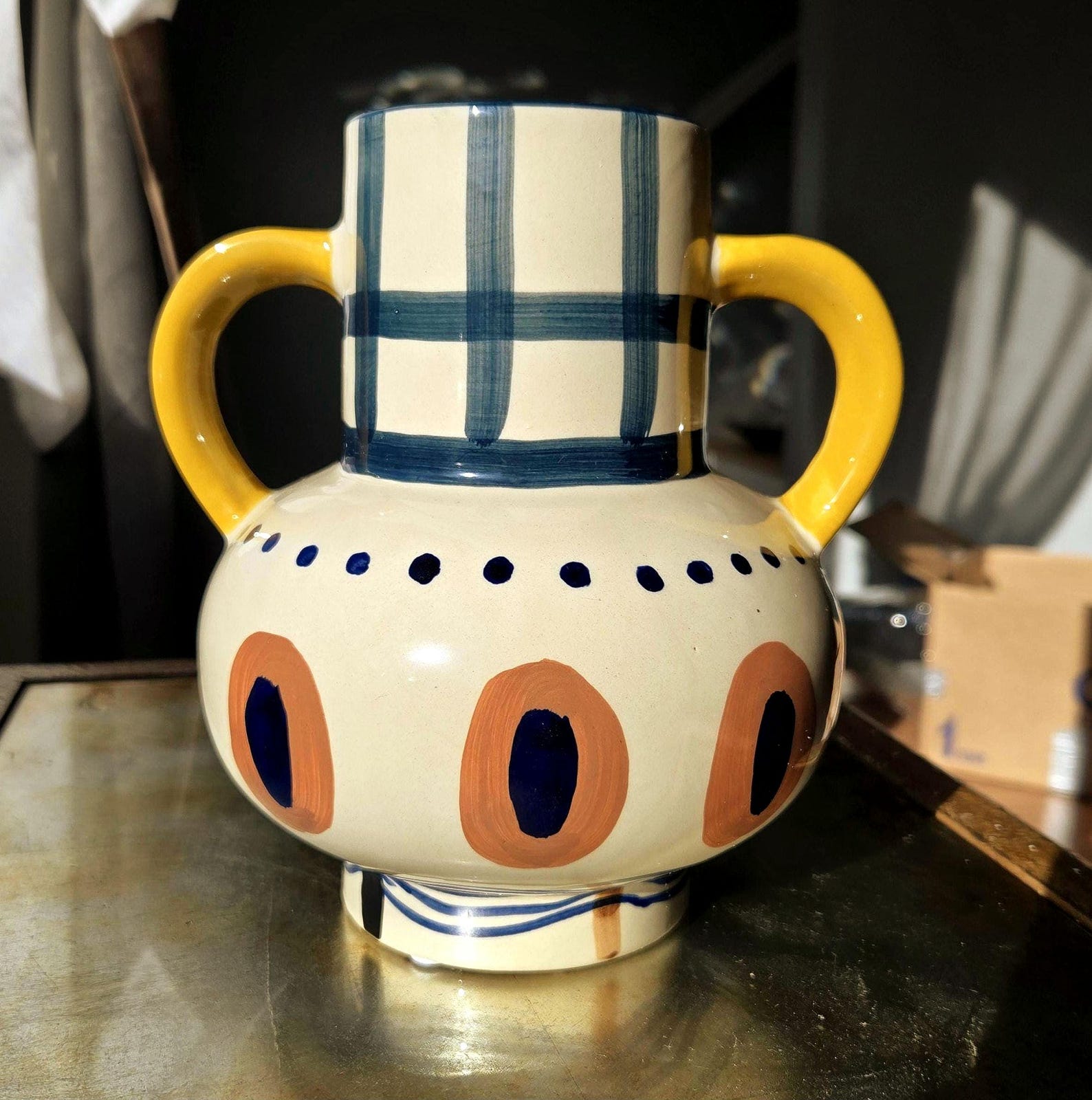 Handpainted Ceramic Vase With Bold Geometric Patterns, Artisan Round ...