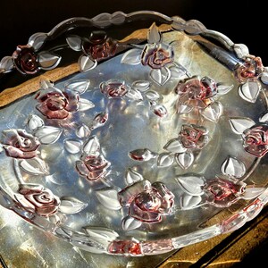 Large Vintage Crystal Plate Frosted Pink Rose Embossed Glass Platter ...