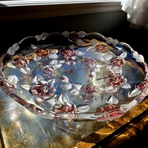 Large Vintage Crystal Plate Frosted Pink Rose Embossed Glass Platter ...