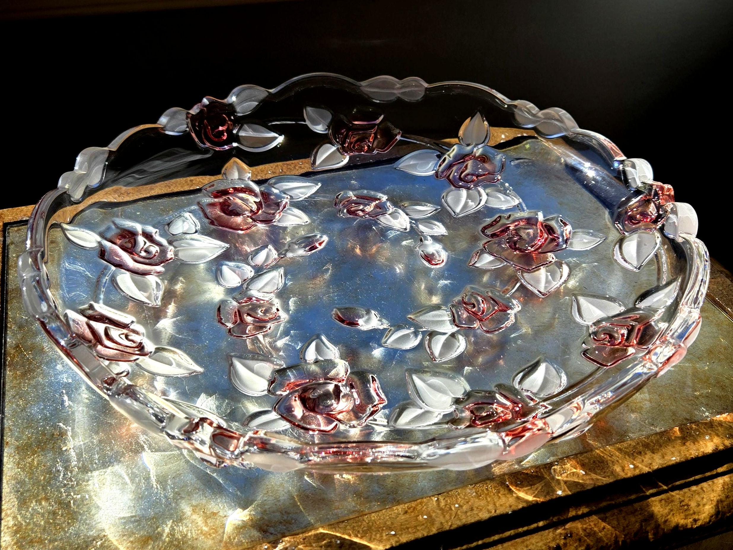 Large Vintage Crystal Plate Frosted Pink Rose Embossed Glass Platter ...