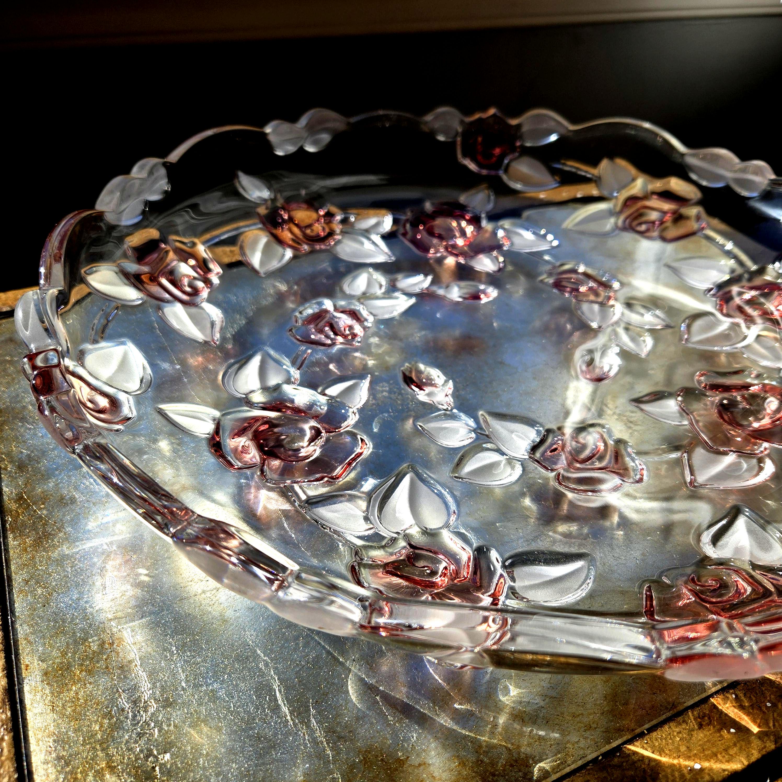 Large Vintage Crystal Plate Frosted Pink Rose Embossed Glass Platter ...