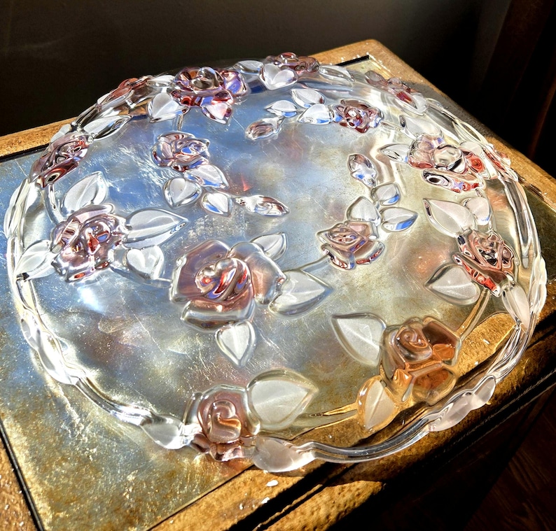 Large Vintage Crystal Plate Frosted Pink Rose Embossed Glass Platter ...